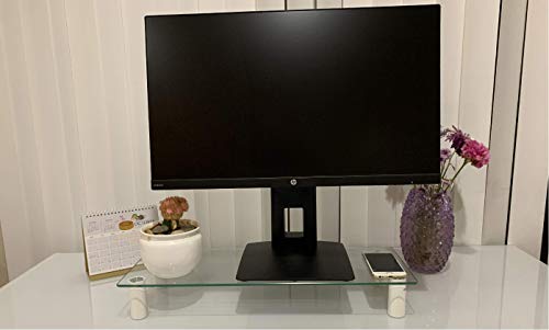 Mount Plus STB101 22.5 Inch Wide Tempered Glass Monitor Riser Desktop Stand Height Adjustable Table Top for Flat Screen LCD LED TV, Laptop, Notebook, Display (1 Pack)