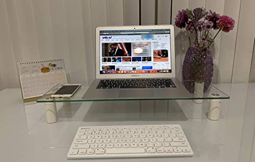 Mount Plus STB101 22.5 Inch Wide Tempered Glass Monitor Riser Desktop Stand Height Adjustable Table Top for Flat Screen LCD LED TV, Laptop, Notebook, Display (1 Pack)