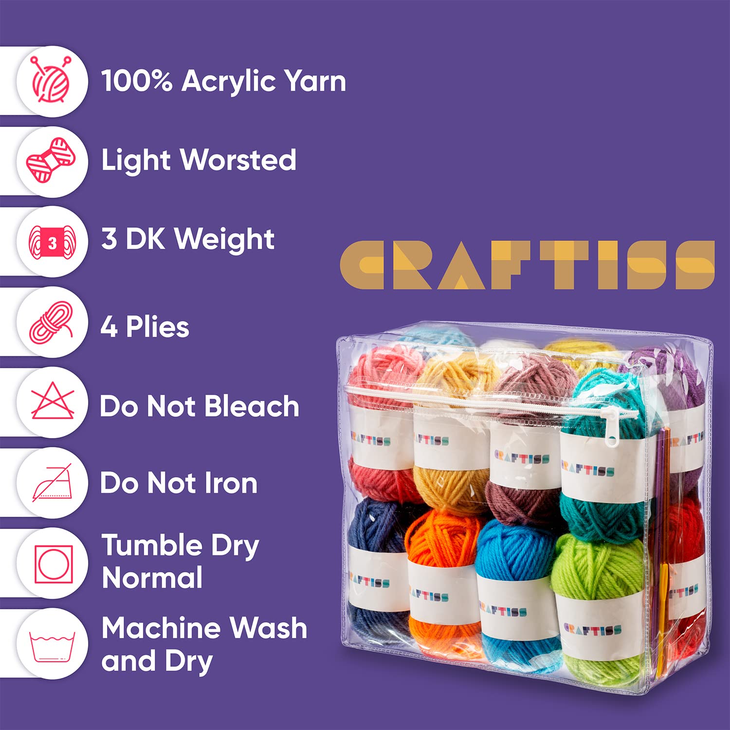 Сrochet Kit 16x20g Acrylic Yarn Skeins with 2 Hooks, 2 Weaving Needles and 4 Stitch Makers - 700 Yards of Soft Yarn for Crocheting and Knitting Craft Project, Assorted Starter Yarn Bulk Pack