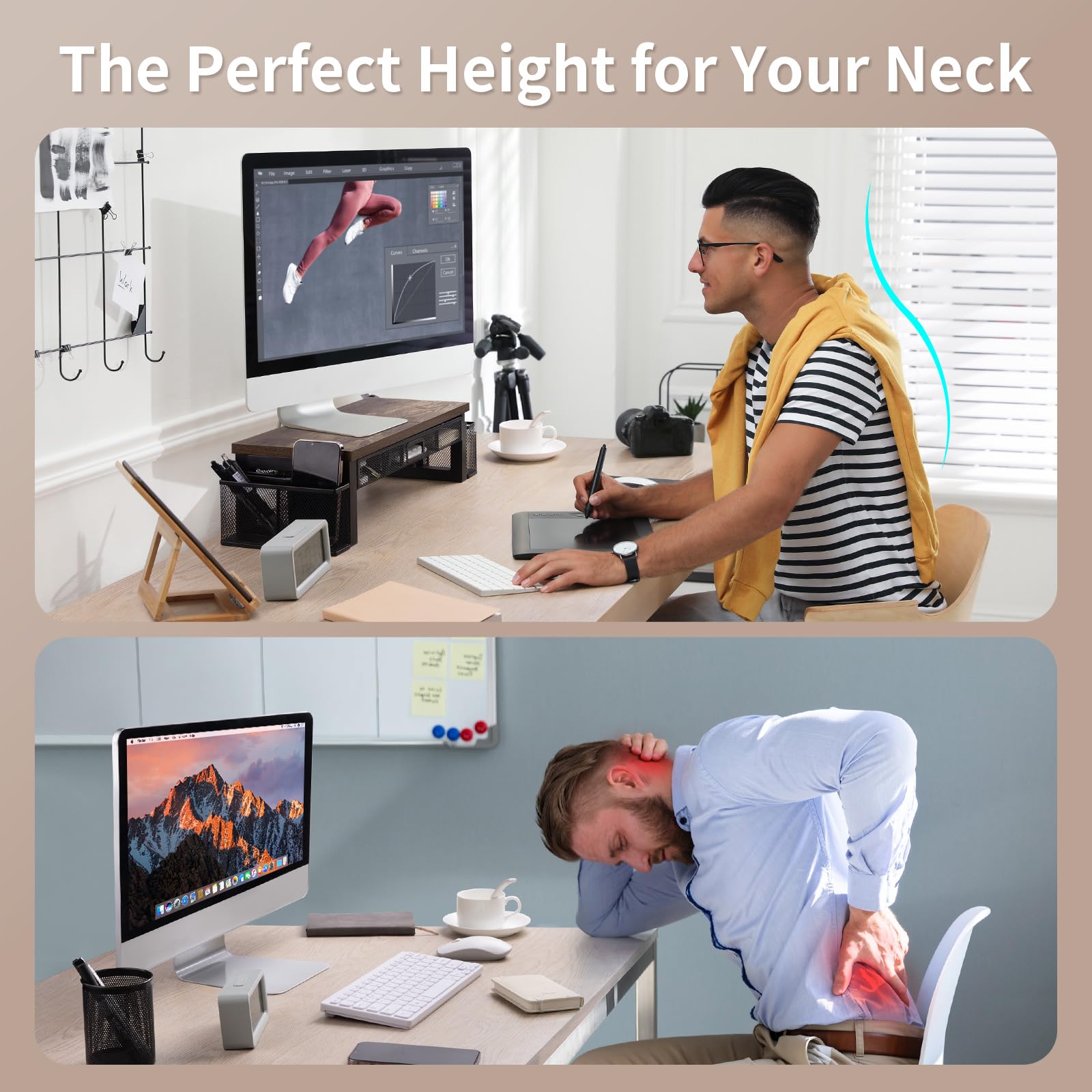 Joyask Computer Monitor Stand Riser for Desk 2 Tier Monitor Shelf for PC Screen Laptop Wooden Desktop Monitor Riser with Drawer Storage Multifunctional Computer Screen Stand Fits Home & Office