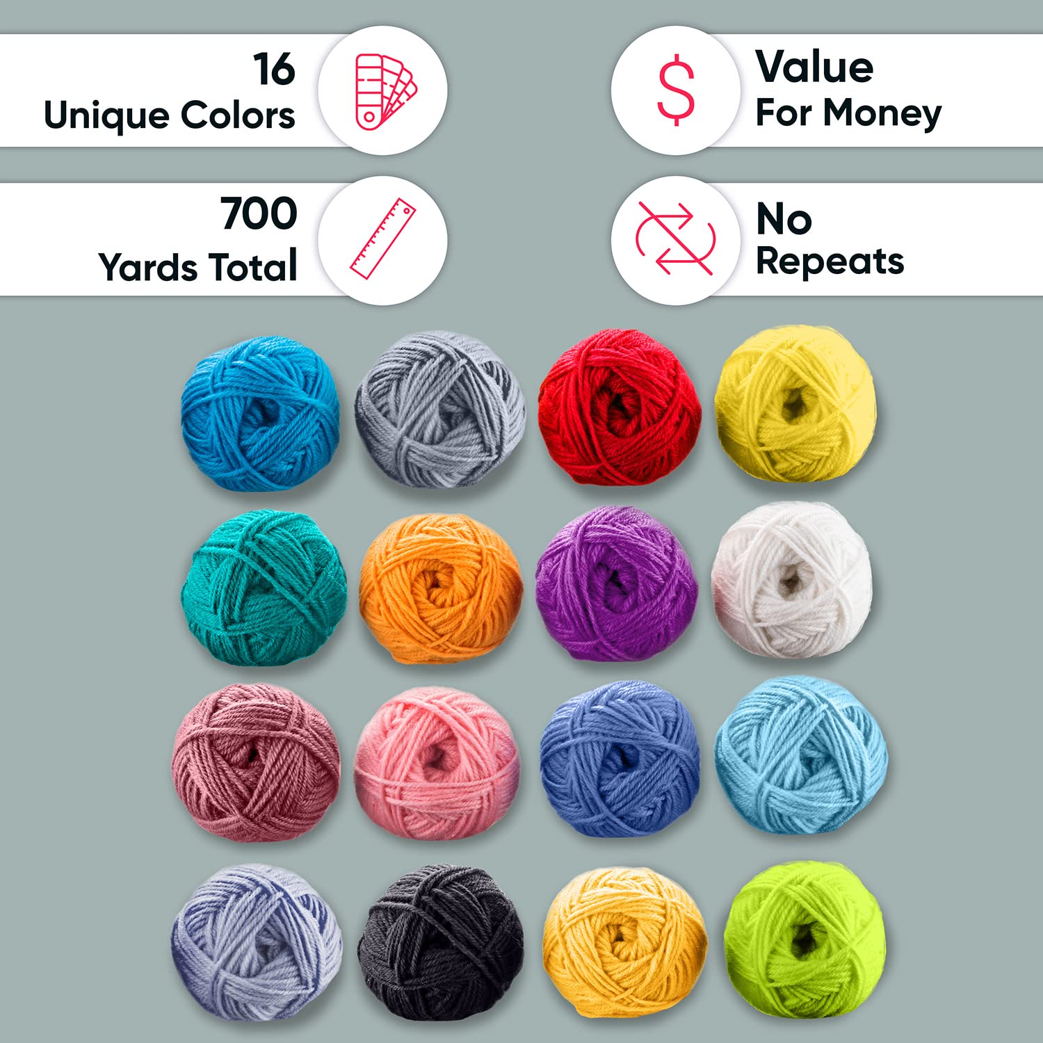 Сrochet Kit 16x20g Acrylic Yarn Skeins with 2 Hooks, 2 Weaving Needles and 4 Stitch Makers - 700 Yards of Soft Yarn for Crocheting and Knitting Craft Project, Assorted Starter Yarn Bulk Pack