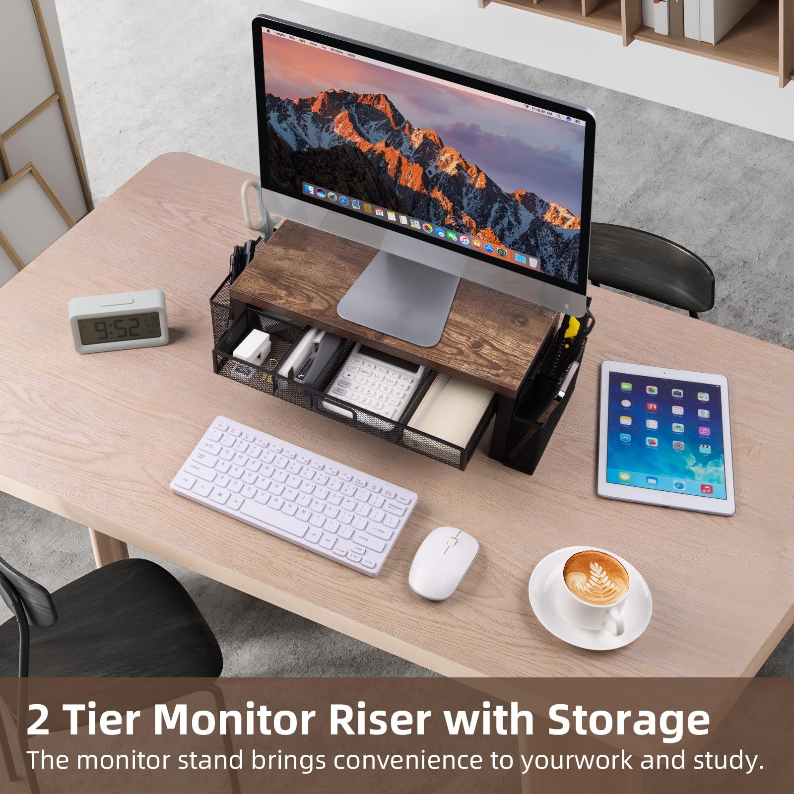 Joyask Computer Monitor Stand Riser for Desk 2 Tier Monitor Shelf for PC Screen Laptop Wooden Desktop Monitor Riser with Drawer Storage Multifunctional Computer Screen Stand Fits Home & Office