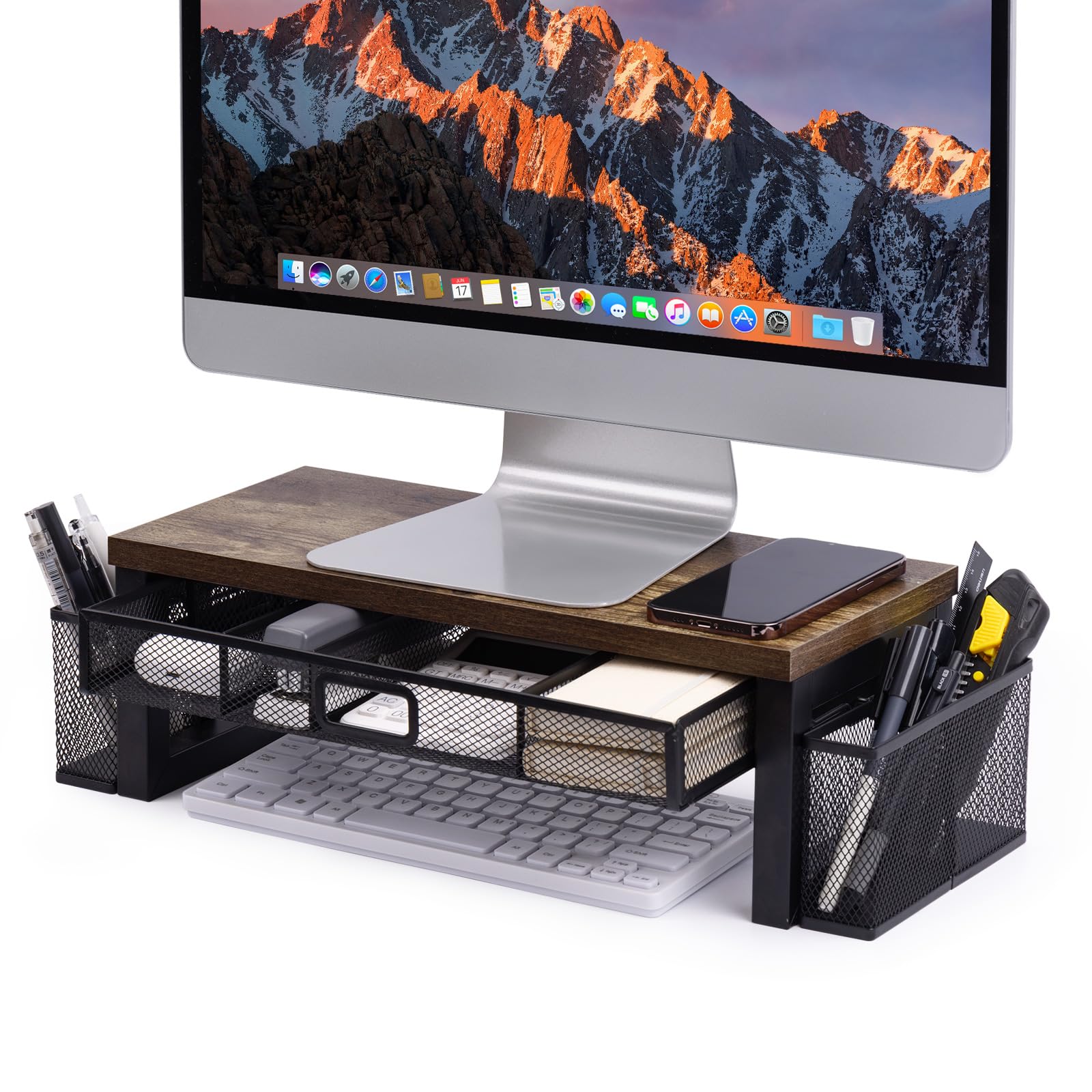 Joyask Computer Monitor Stand Riser for Desk 2 Tier Monitor Shelf for PC Screen Laptop Wooden Desktop Monitor Riser with Drawer Storage Multifunctional Computer Screen Stand Fits Home & Office