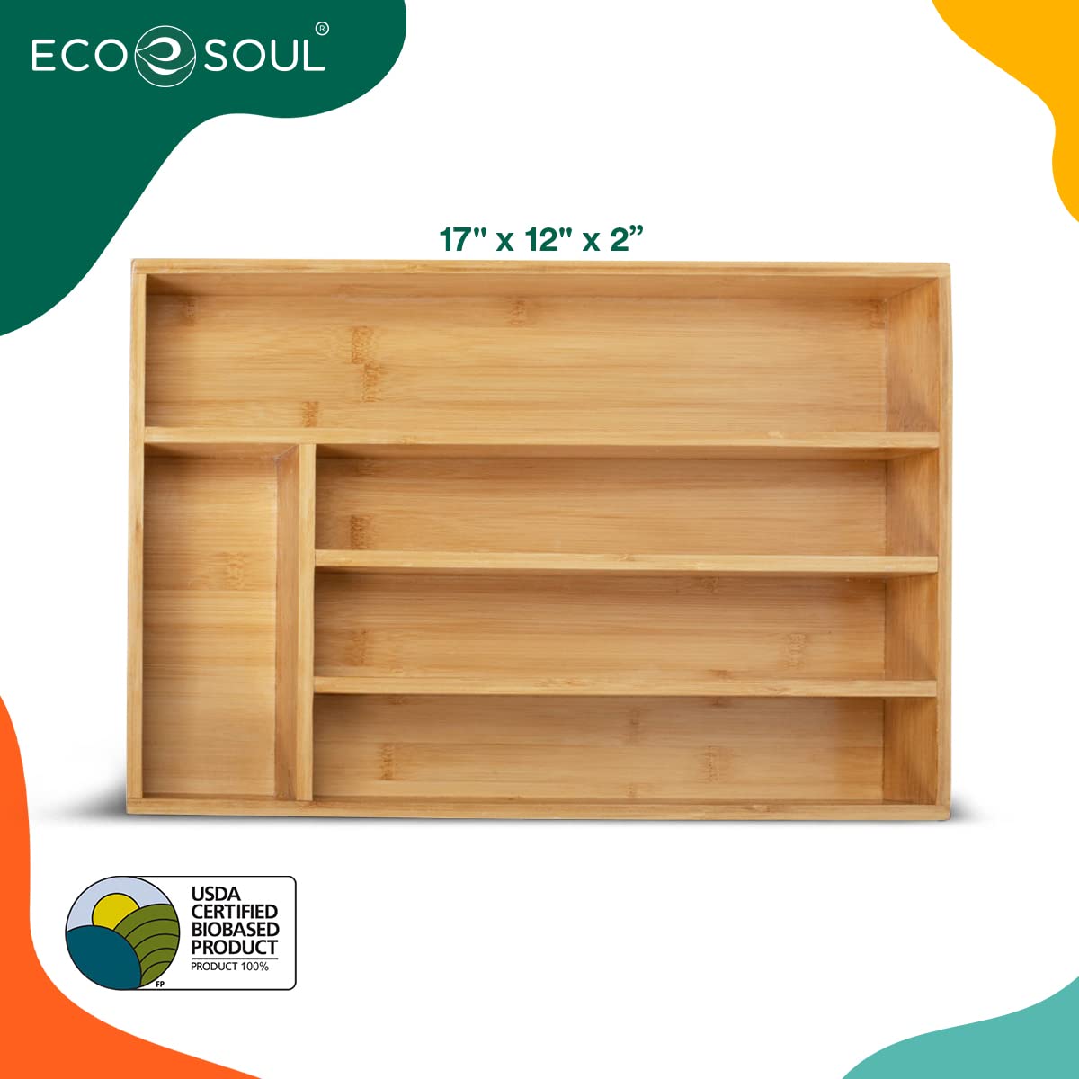 ECO SOUL Organic Bamboo Wooden Kitchen Drawer Organizer | Sturdy, Large 11' x 16' | Organizer Tray for Silverware, Cutlery, Flatware, Utensil Holder | Grooved Drawer Dividers, 6 slots