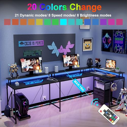 VEDECASA L Shaped Computer Desk Gaming Desk with Power Outlets & LED Light Reversible U Shaped Corner Desk Home Office with Fabric Drawers Storage Stand Monitor Riser (Black)