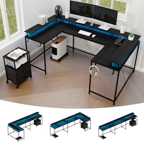 VEDECASA L Shaped Computer Desk Gaming Desk with Power Outlets & LED Light Reversible U Shaped Corner Desk Home Office with Fabric Drawers Storage Stand Monitor Riser (Black)