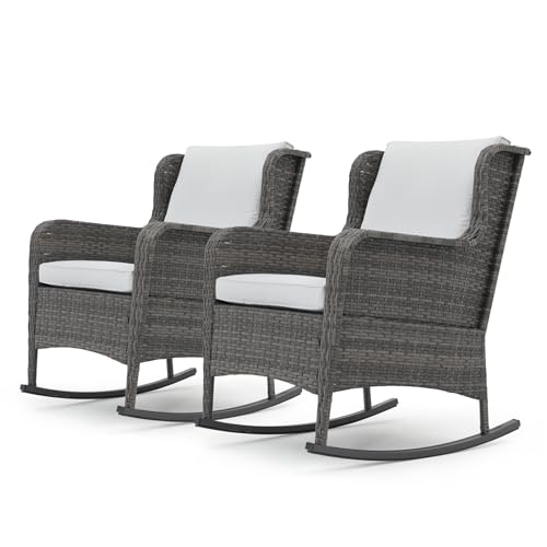 Soleil Jardin Outdoor Resin Wicker Rocking Chair with Cushions, Patio Yard Furniture Club Rocker Chair, Gray Wicker & Light Gray Cushions, Set of 2