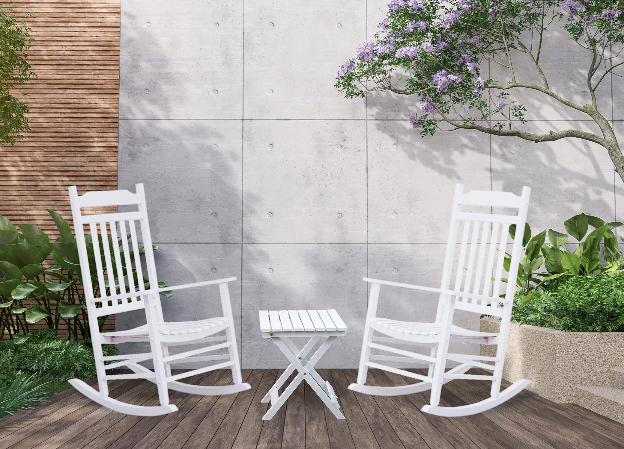 BplusZ Patio Outdoor Rocking Chair Set 3 Piece Furniture Rocker with Small Side Table for Bistro Porch White