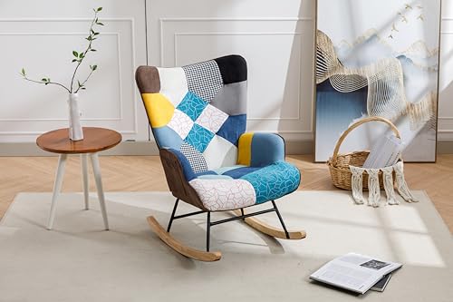 Tiophome Rocking Nursery, Upholstered Glider Rocker Accent Chairs Padded Seat with High Backrest, Comfy Side Armchair for Nursing, Living Room, Bedroom, Office, Patchwork Linen Blue, Extra Large
