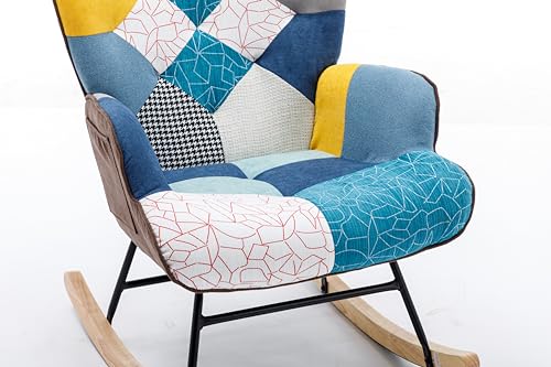 Tiophome Rocking Nursery, Upholstered Glider Rocker Accent Chairs Padded Seat with High Backrest, Comfy Side Armchair for Nursing, Living Room, Bedroom, Office, Patchwork Linen Blue, Extra Large