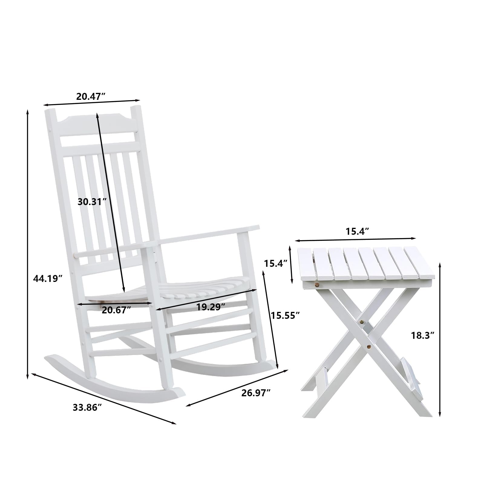 BplusZ Patio Outdoor Rocking Chair Set 3 Piece Furniture Rocker with Small Side Table for Bistro Porch White