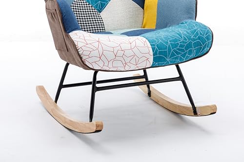 Tiophome Rocking Nursery, Upholstered Glider Rocker Accent Chairs Padded Seat with High Backrest, Comfy Side Armchair for Nursing, Living Room, Bedroom, Office, Patchwork Linen Blue, Extra Large