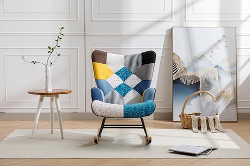 Tiophome Rocking Nursery, Upholstered Glider Rocker Accent Chairs Padded Seat with High Backrest, Comfy Side Armchair for Nursing, Living Room, Bedroom, Office, Patchwork Linen Blue, Extra Large