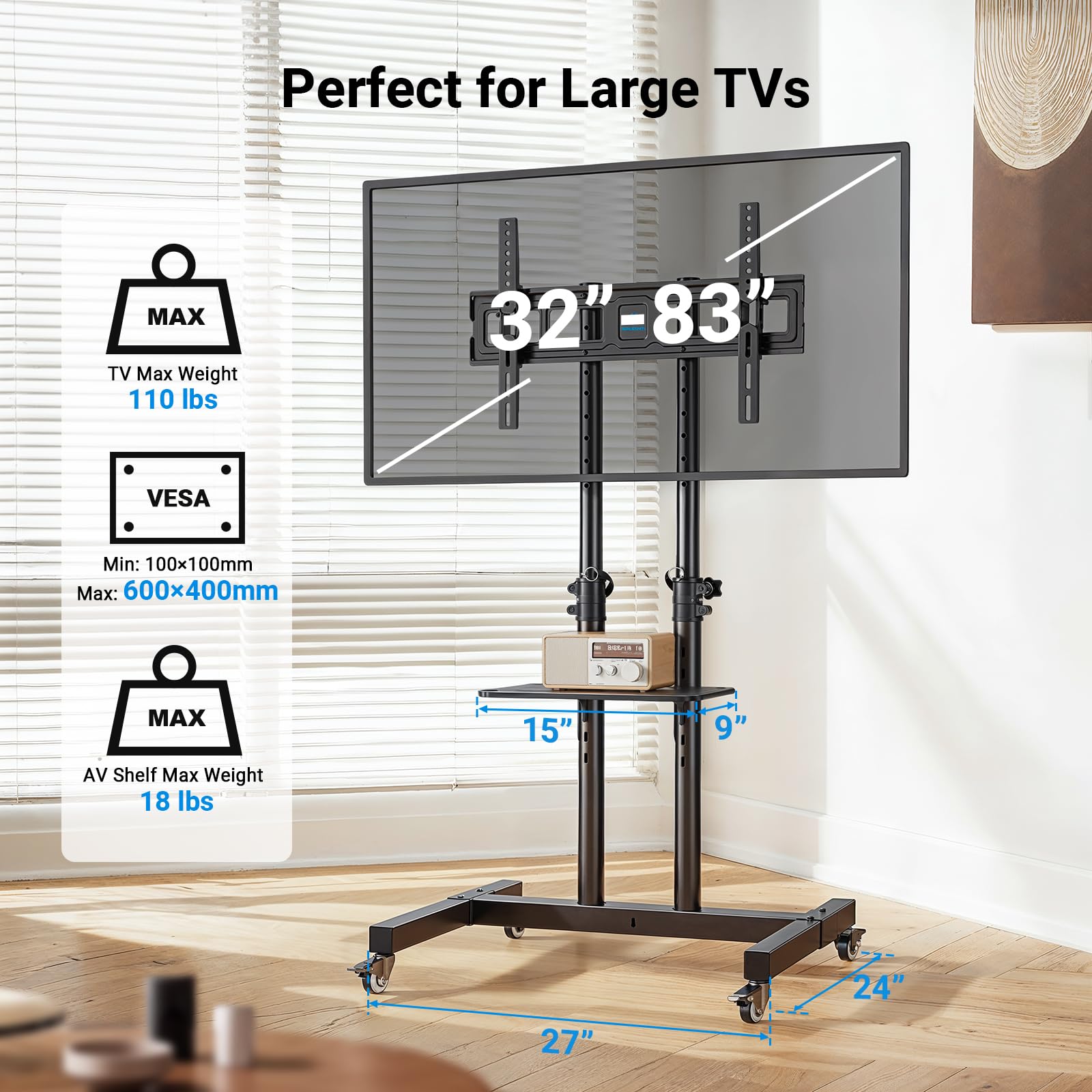 Mobile TV Stand on Wheels for 32-70 Inch Flat/Curved Panel Screens TVs - Height Adjustable Floor Trolley Stand Holds up to 99lbs - Tilt Rolling TV Cart with Shelf Max VESA 600x400mm