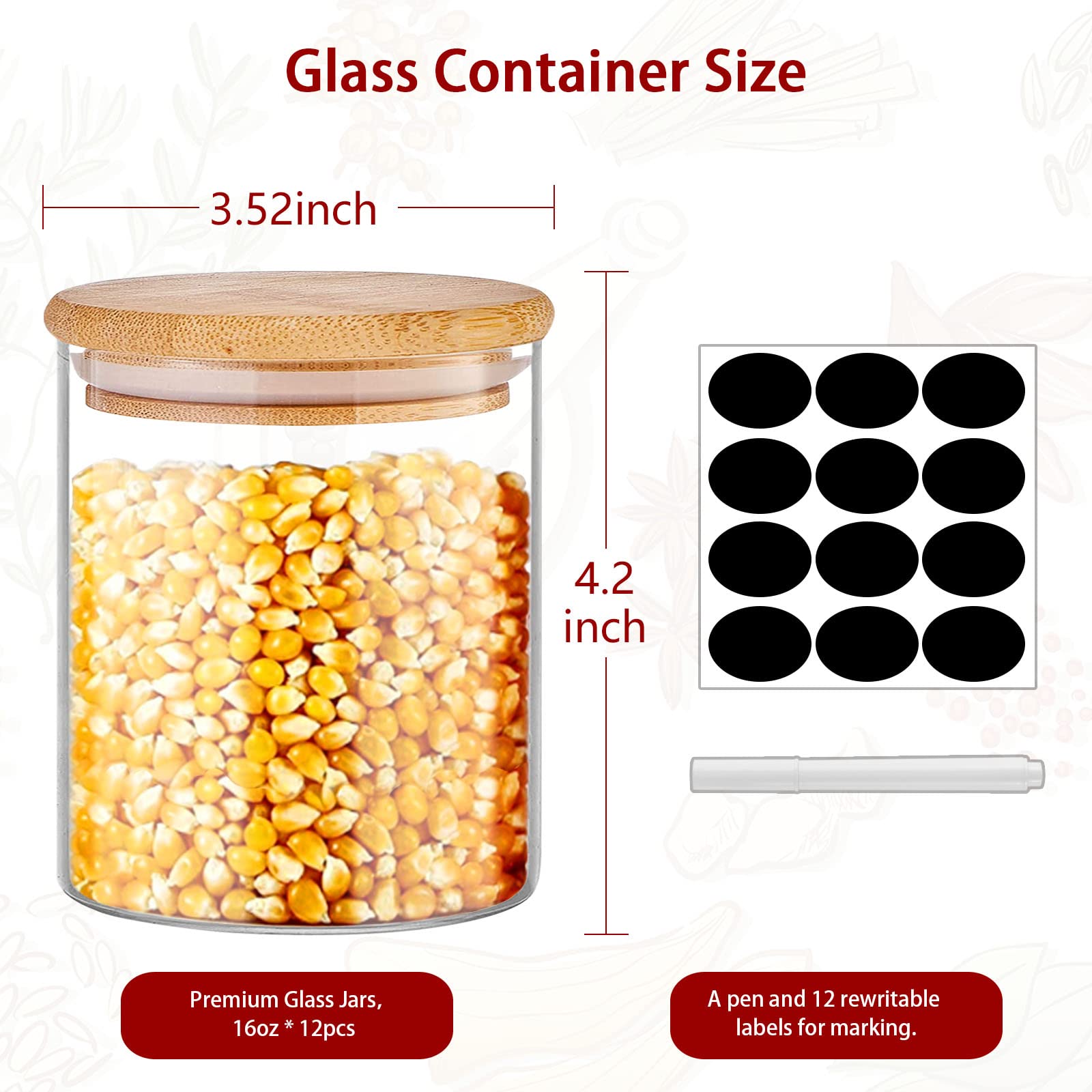SLifeJars - Glass Jars with Bamboo Lids 16 oz, 12pcs Glass Food Storage Jars with Rewritable Labels, Bamboo Lid Jars for Kitchen Storage, Glass Food Storage Containers with Bamboo Lids for Herbs