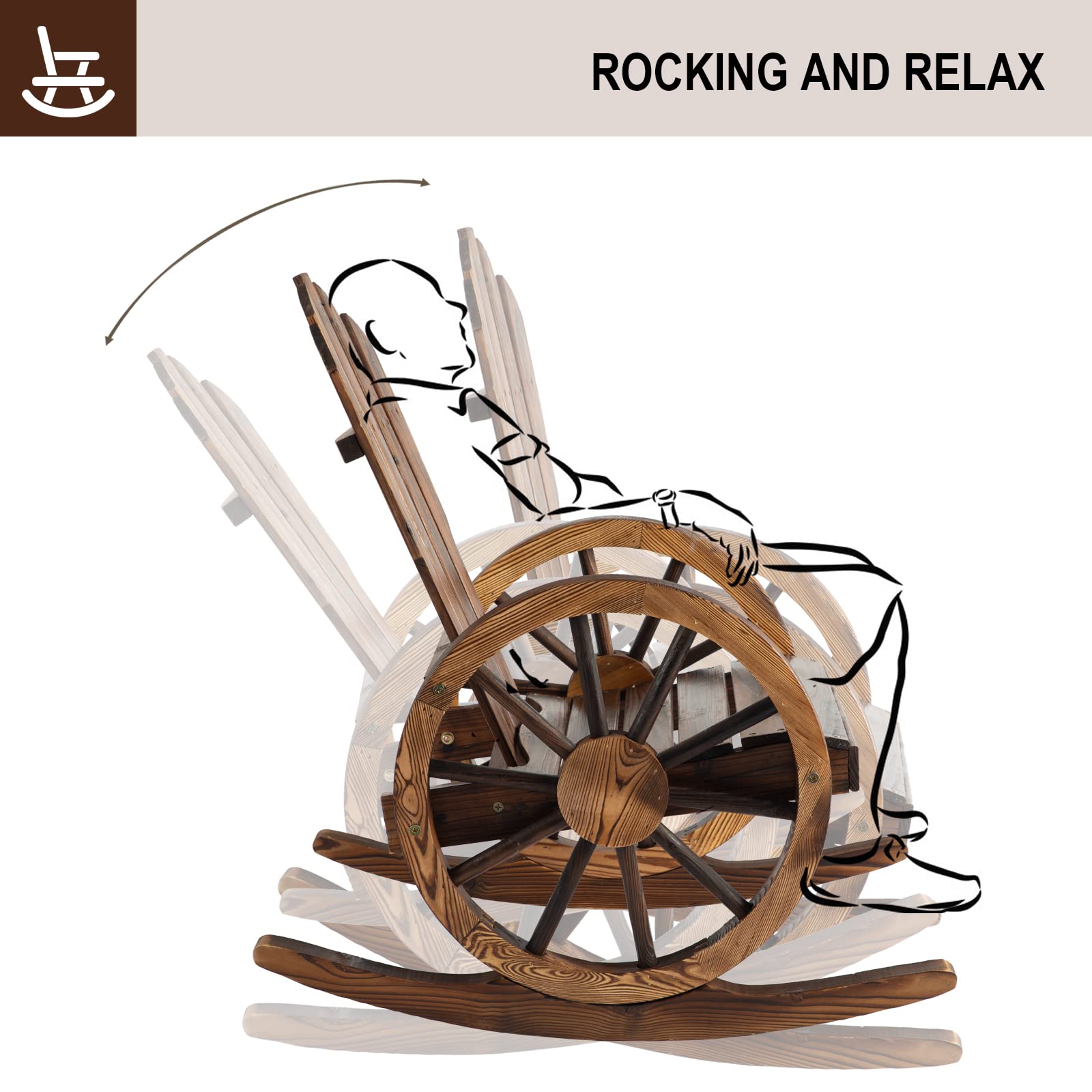 FURNDOOR Wooden Wagon Wheel Rocking Chair Set, 3PCS Outdoor Rocking Bistro Set Rustic Rocker with Coffee Table for Backyard Porch Poolside Lawn