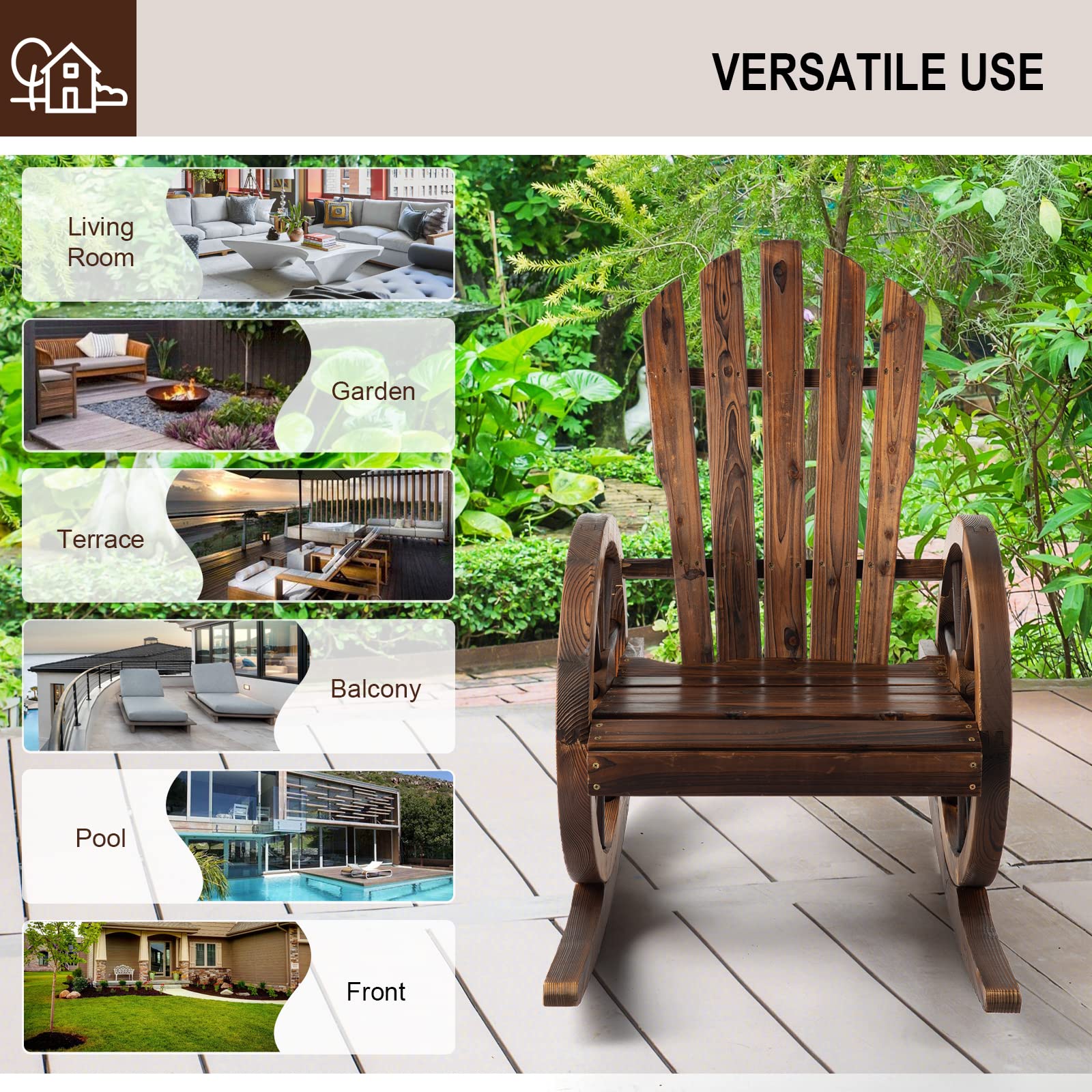 FURNDOOR Wooden Wagon Wheel Rocking Chair Set, 3PCS Outdoor Rocking Bistro Set Rustic Rocker with Coffee Table for Backyard Porch Poolside Lawn