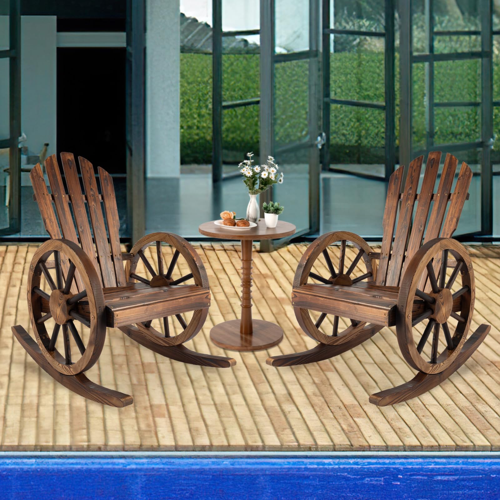 FURNDOOR Wooden Wagon Wheel Rocking Chair Set, 3PCS Outdoor Rocking Bistro Set Rustic Rocker with Coffee Table for Backyard Porch Poolside Lawn