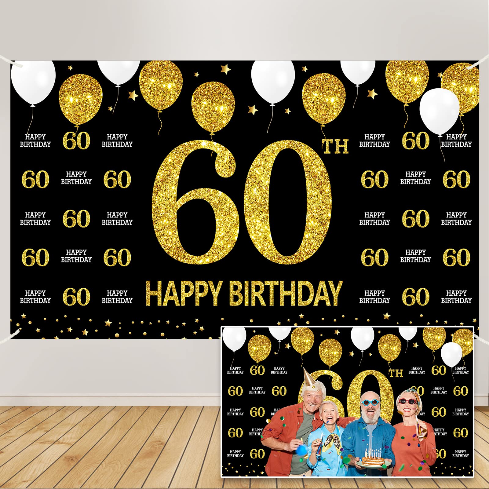60th Birthday Decorations Happy 60th Birthday Banner for Men Women, Black Gold 60 Birthday Backdrop Sign Party Supplies, Sixty Birthday Photo Booth Background Decor for Outdoor Indoor