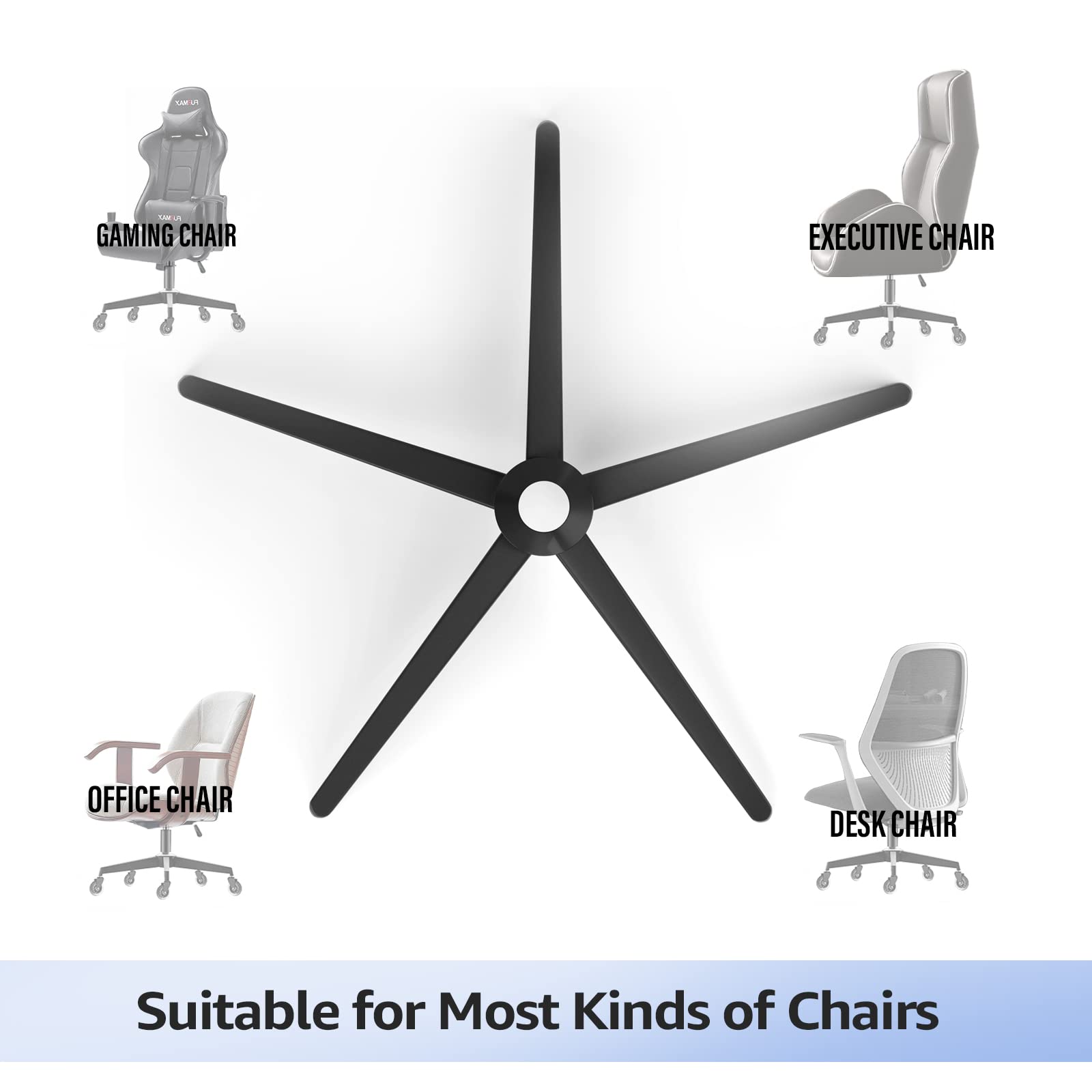 MASTERY MART Office Chair Base Replacement Heavy Duty, Metal Desk Chair Base Replacement Parts with Universal Gas Cylinder Hole and Casters Sockets, 2400+Lbs, Diameter 28", Matte Black