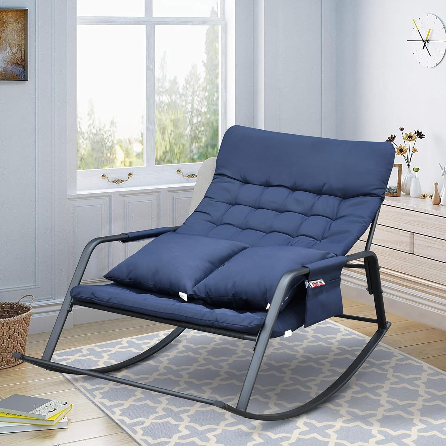 ATR ART TO REAL Patio Rocking Chairs, Indoor & Outdoor Rocker Chair Padded Cushion Reading Chair with Side Pocket and Pillows for Living Room, Balcony, Porch, (Navy Blue)