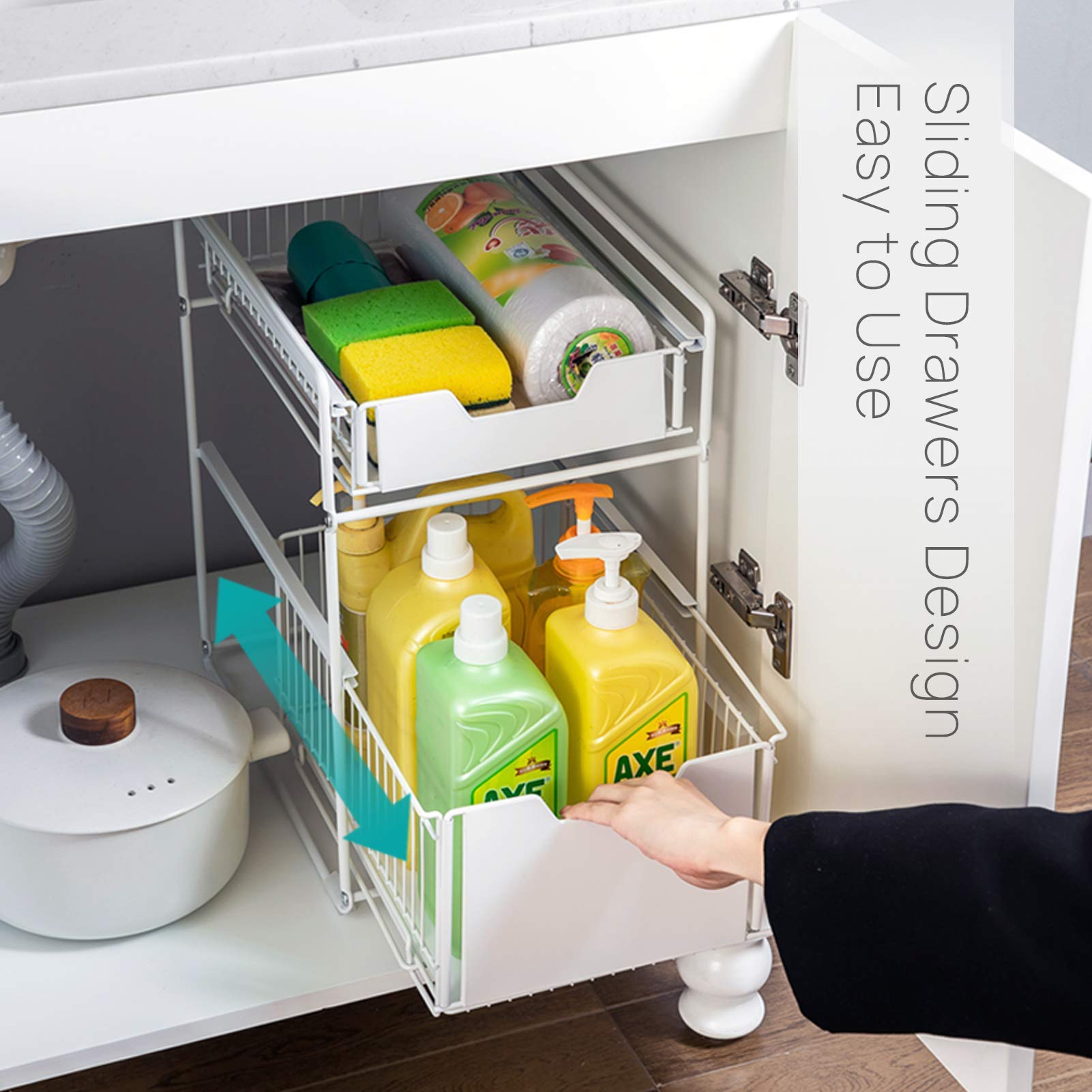 MAXCOOK 2 Tier Sliding Cabinet Basket Organizer Multifunctional Storage Organizer Holder, Under Sink Pull Out Organizer for Cabinet –Sliding Drawer Shelf, Size 8.7W x 14.6D x 18.5H(Inch)