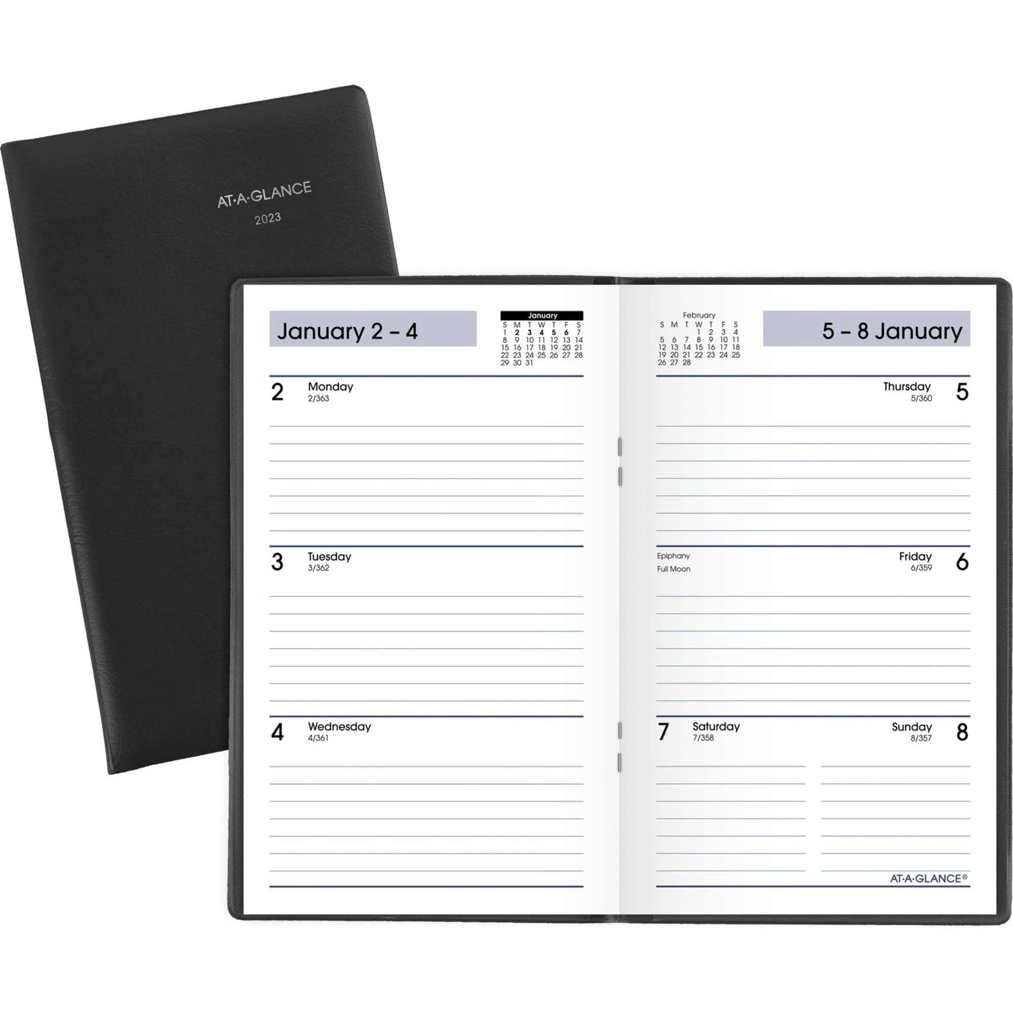 AT-A-GLANCE 2023 Weekly Pocket Calendar, Planner, DayMinder, 3-1/2" x 6", Pocket Size, Open Scheduling, Black (SK4800)