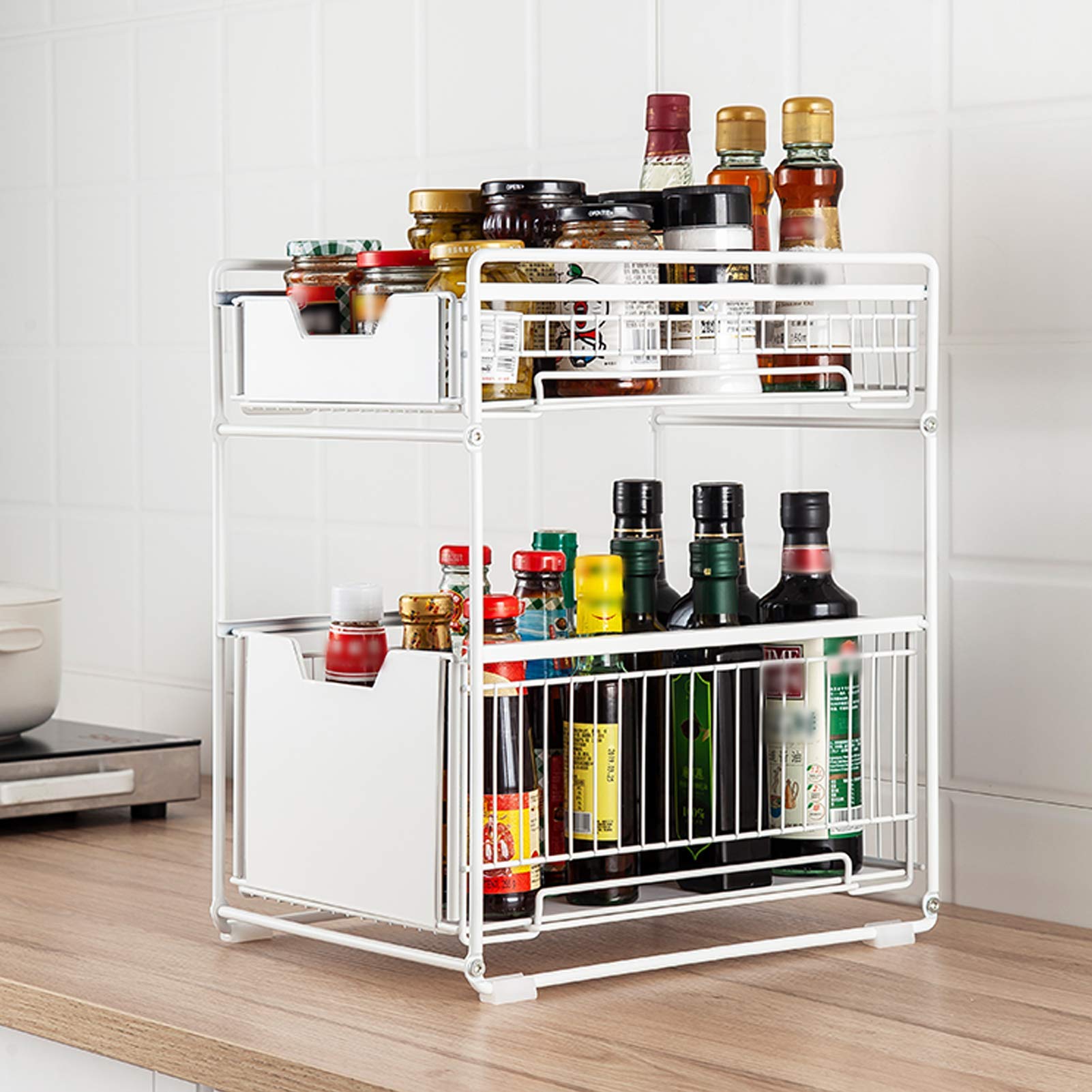 MAXCOOK 2 Tier Sliding Cabinet Basket Organizer Multifunctional Storage Organizer Holder, Under Sink Pull Out Organizer for Cabinet –Sliding Drawer Shelf, Size 8.7W x 14.6D x 18.5H(Inch)