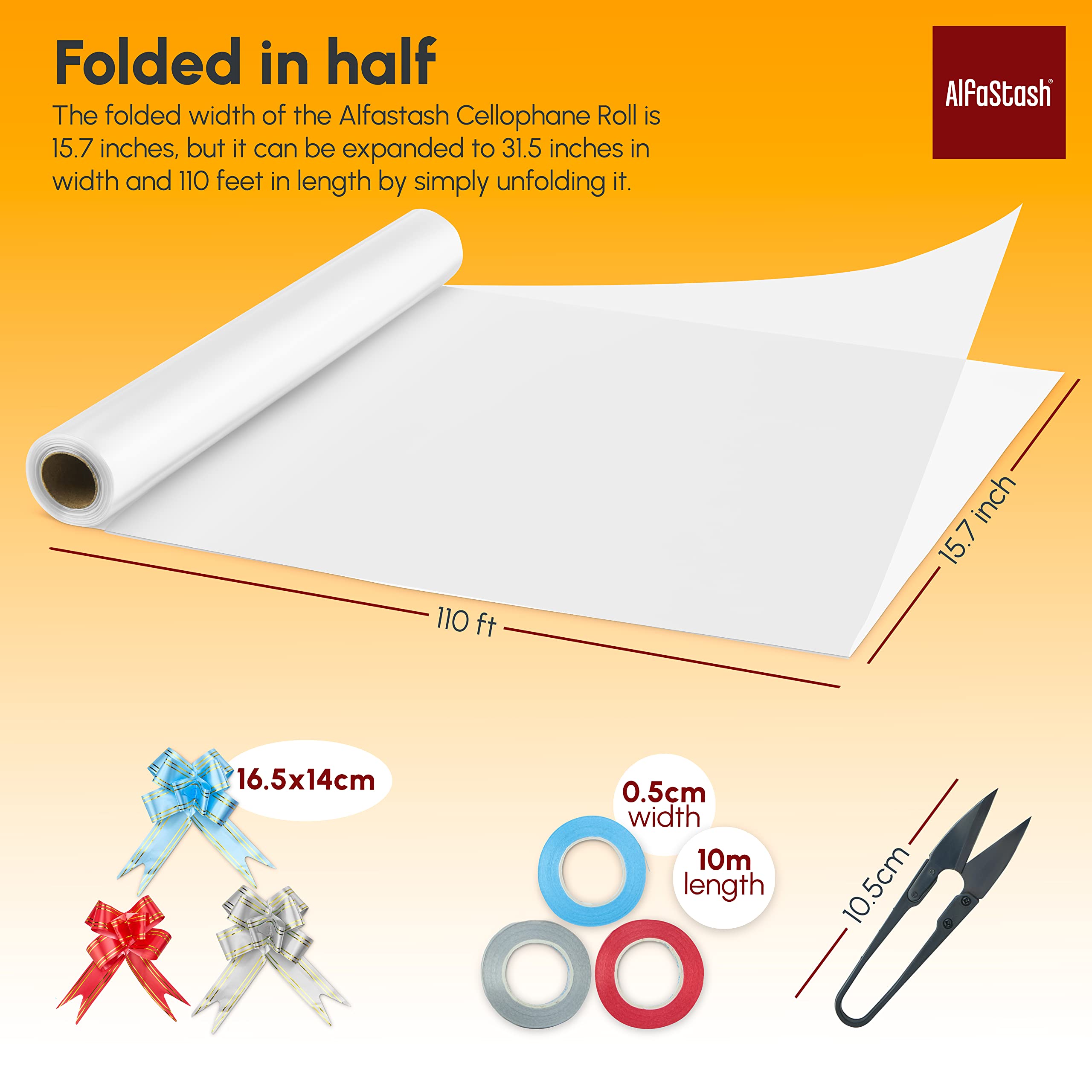 (31.5 in x 110 ft) Cellophane Wrap for Gift Baskets (Accessories are inside wrap Tube) 3Mils Thick, with 15 Pull-Bows, 3 Ribbons & 1 Cutter - Clear Cellophane Wrap Roll for Flowers and Food- Folded in half