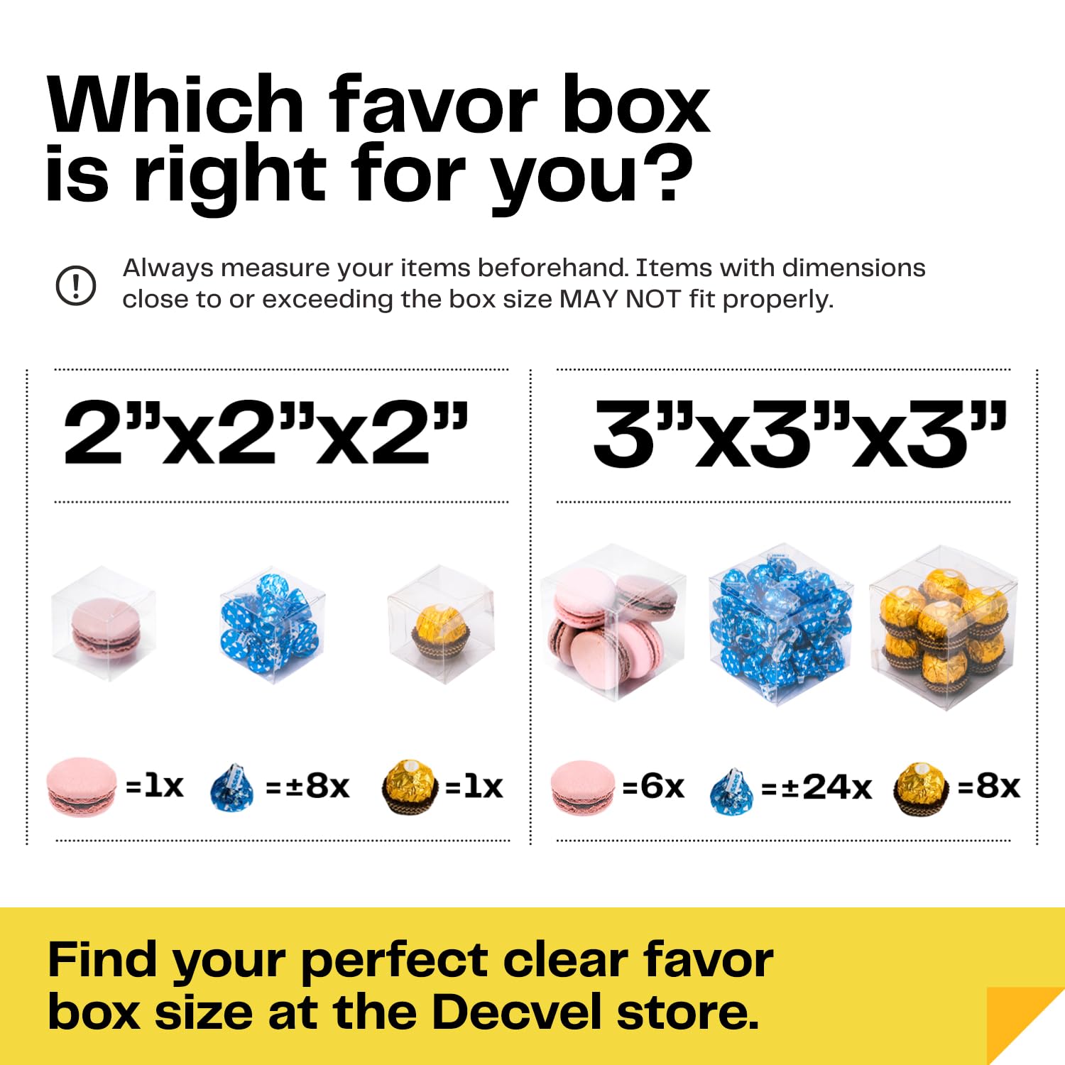 Decvel Clear Favor Boxes - 100 pack - 2 x 2 x 2 inches Stackable Clear Gift Boxes Made from Food-Grade, Scratch Resistant PET Material - Can Be Used As Display Plastic Box, Clear Treat Boxes, and For Party Favors