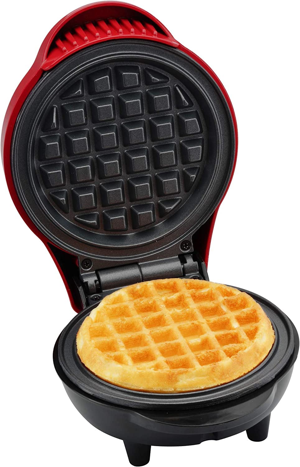 Kitchen Selectives Mini Waffle Maker By Select Brands - Classic Waffle Iron for Traditional, Savory or Dessert Waffles - Features Non-Stick Coating - 4 Mini Waffles, Red