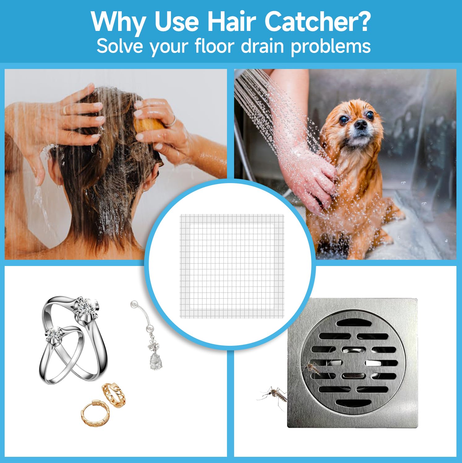 50 Pack, VIVIDLY Disposable Shower Drain Cover Hair Catcher Shower Drain Mesh Stickers, Bathroom, Laundry, Bathtub, Kitchen, Sink, Drain, for Human and pet Hair Catcher (Square 50 PCS)