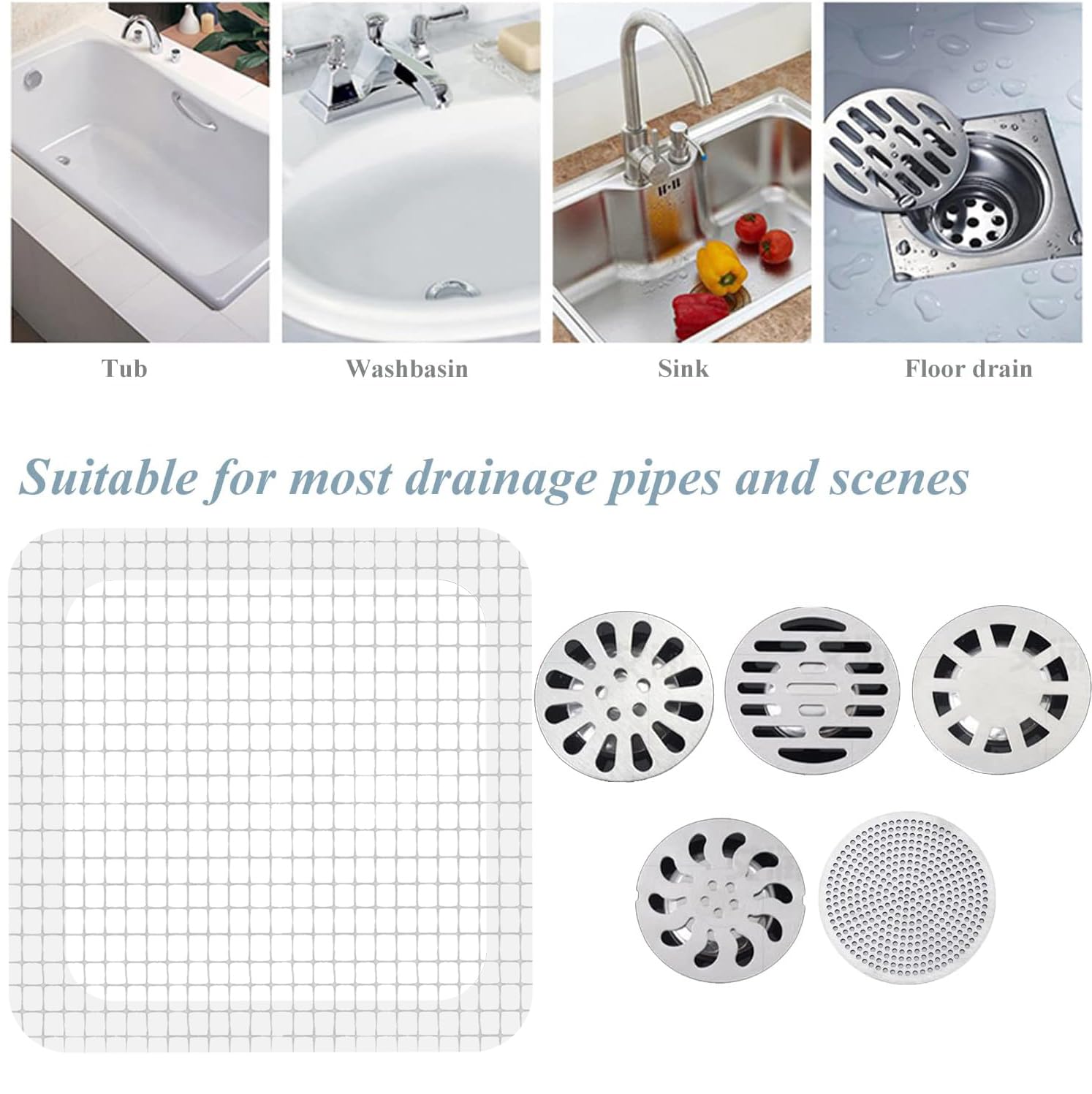 50 Pack, VIVIDLY Disposable Shower Drain Cover Hair Catcher Shower Drain Mesh Stickers, Bathroom, Laundry, Bathtub, Kitchen, Sink, Drain, for Human and pet Hair Catcher (Square 50 PCS)