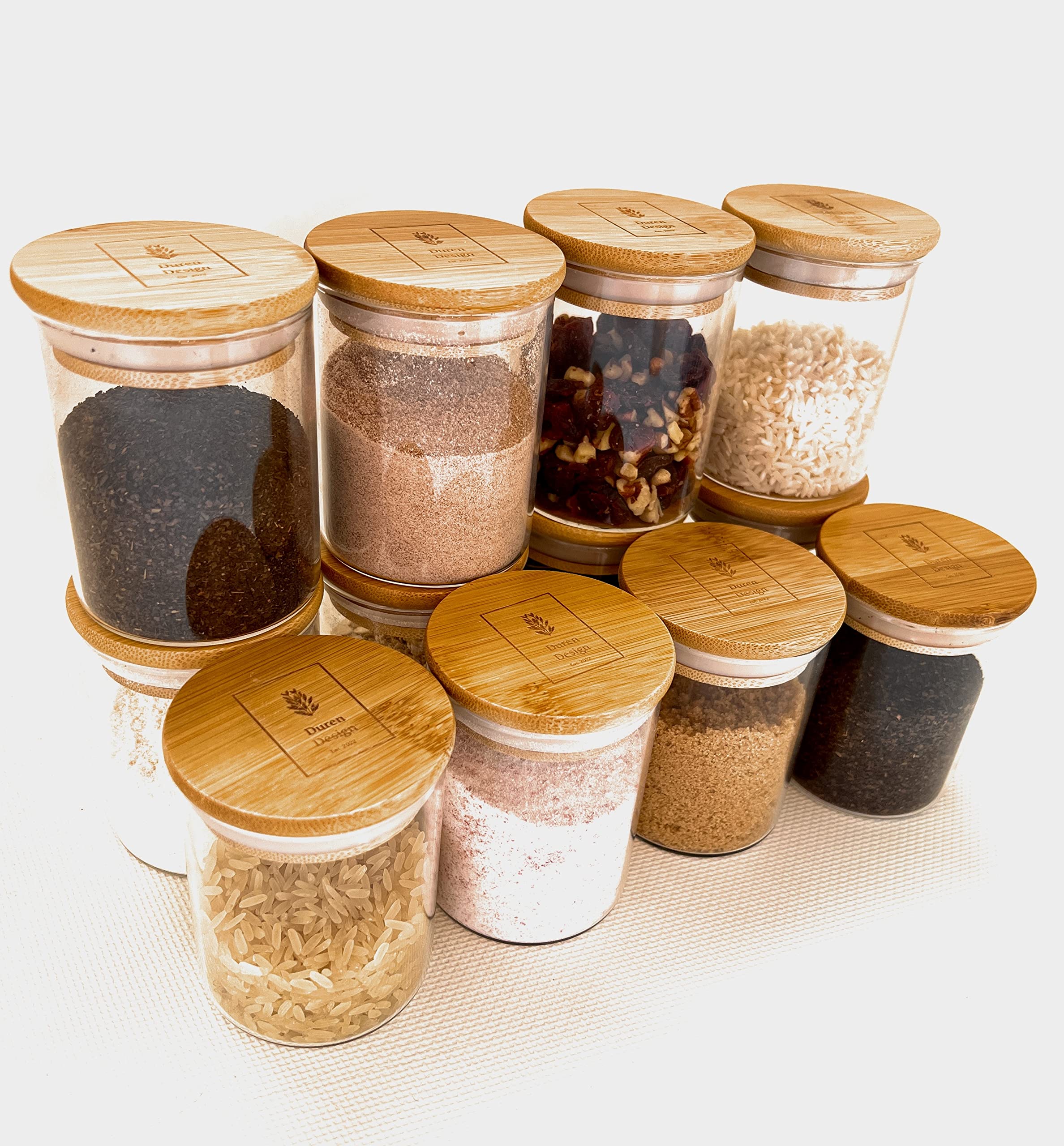 DurenDesign Glass Jar Set with Bamboo Lids, 6oz Clear Glass Food Storage and Kitchen Organization 12 Jar Set with Bamboo Lids