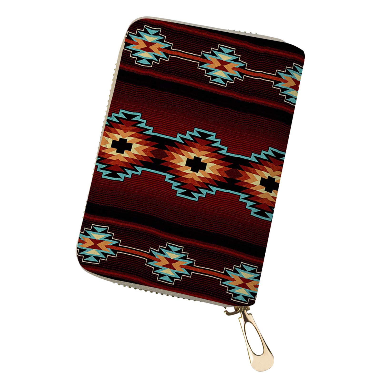 CLOHOMIN Southwestern Style Business Card Holders Native American RFID Blocking Leather Zipper Credit Card Case Indian Mandala Boho Navajo Red Tribal ID Card Holder for Shopping