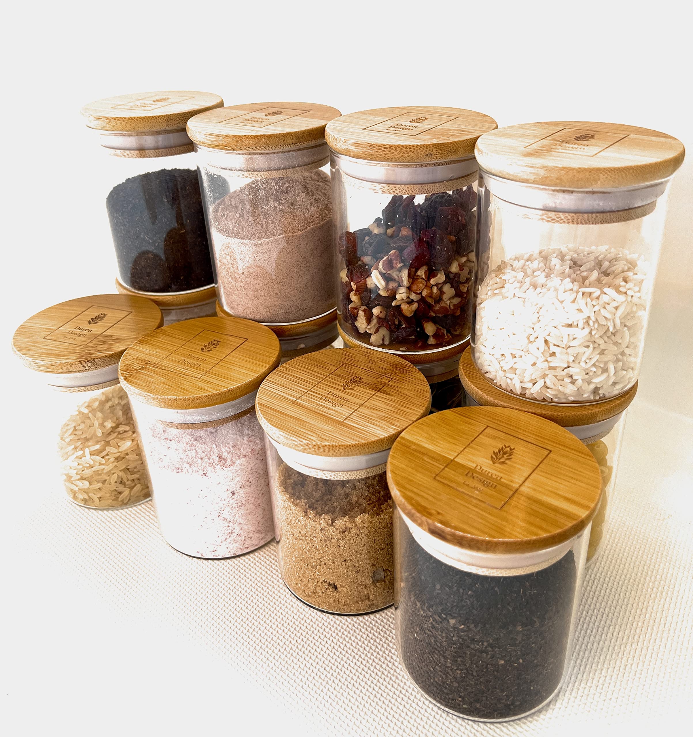 DurenDesign Glass Jar Set with Bamboo Lids, 6oz Clear Glass Food Storage and Kitchen Organization 12 Jar Set with Bamboo Lids