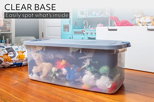 Rubbermaid Roughneck Clear 95 Qt/23.75 Gal Storage Containers, Pack of 4 with Latching Grey Lids, Visible Base, Sturdy and Stackable, Great for Storage and Organization