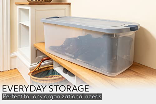 Rubbermaid Roughneck Clear 95 Qt/23.75 Gal Storage Containers, Pack of 4 with Latching Grey Lids, Visible Base, Sturdy and Stackable, Great for Storage and Organization