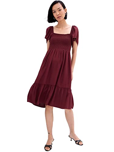 GAP Womens Short Sleeve Square Neck Midi Casual Dress, Cherry Oak, Small Petite US
