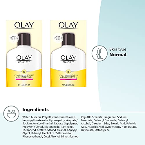 Face Moisturizer by Olay Complete Lotion All Day Daily Facial Moisturizing Lotion SPF 15 for Normal Skin and Hydration, Oil-Free Non-Greasy, 6 Fl Oz (Pack of 2)