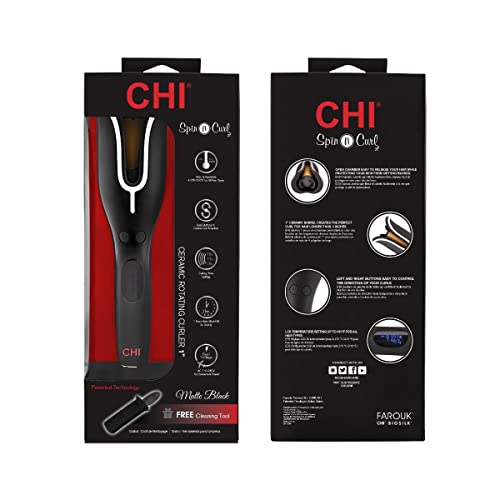 CHI Spin N Curl Ceramic Rotating Curling Iron | 1.25” Curling Iron | Ideal for Shoulder-Length Hair Between 6-16" | Include Cleaning Tool | Matte Black