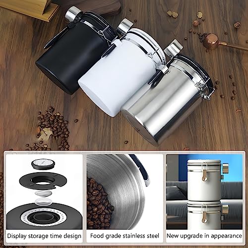 Fourmor Stainless Steel Coffee Grounds and Beans Container Canister with Date-Tracker - CO2-Release Valve and Measuring Scoop 22OZ for Grounds Coffee, Beans, Tea, Flour, Cereal, Sugar