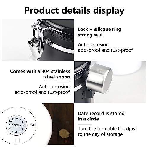 Fourmor Stainless Steel Coffee Grounds and Beans Container Canister with Date-Tracker - CO2-Release Valve and Measuring Scoop 22OZ for Grounds Coffee, Beans, Tea, Flour, Cereal, Sugar