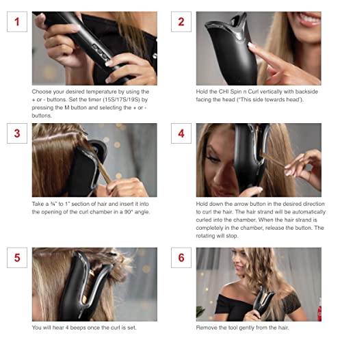 CHI Spin N Curl Ceramic Rotating Curling Iron | 1.25” Curling Iron | Ideal for Shoulder-Length Hair Between 6-16" | Include Cleaning Tool | Matte Black