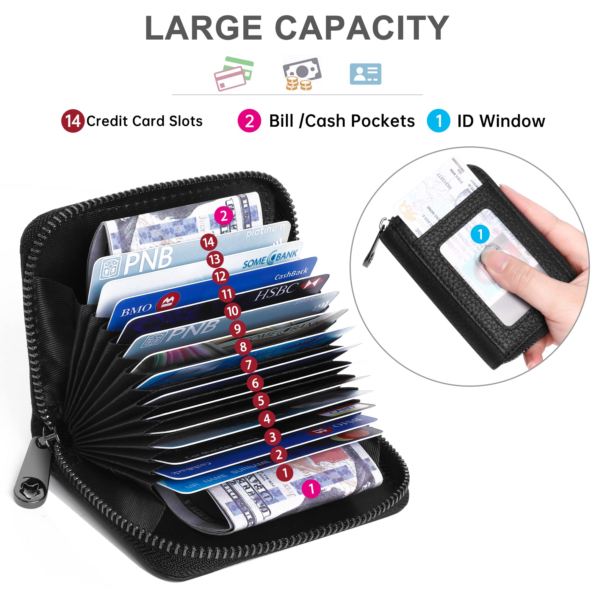 Badiya Genuine Leather Credit Card Holder RFID Blocking Accordion Small Card Case Wallet Zip Coin Purse for Women Men