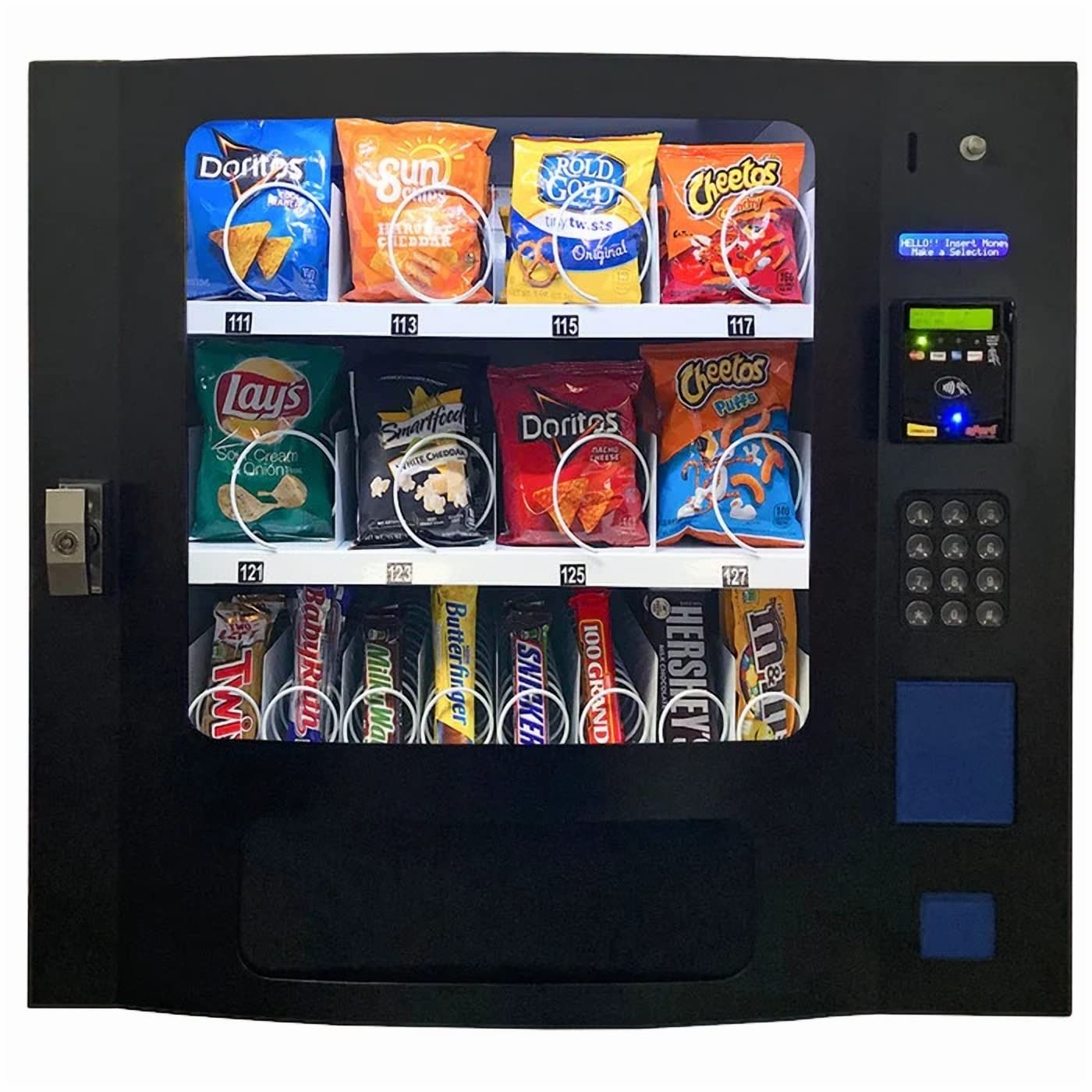 SEAGA SM1600 Countertop Snack Vendor, 16 Selections (2 Snack/1 Candy Tray), Includes Changer, Bill Acceptor & Cantaloupe Credit Card Reader, Black Color