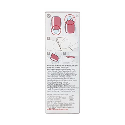 KISS imPRESS Color Polish-Free Solid Color Press-On Nails, PureFit Technology, Short Length, Platonic Pink', Includes Prep Pad, Mini Nail File, Cuticle Stick and 30 Fake Nails
