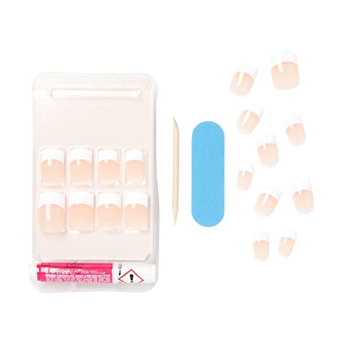 KISS Salon Acrylic French Nail Manicure Set, Medium Length, Squoval, “ Rumour Mill”, Nail Kit Includes Pink Gel Nail Glue (Net Wt. 2 g / 0.07oz.), Mini File, Manicure Stick, and 28 Fake Nails