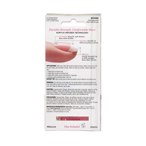 KISS Salon Acrylic French Nail Manicure Set, Medium Length, Squoval, “ Rumour Mill”, Nail Kit Includes Pink Gel Nail Glue (Net Wt. 2 g / 0.07oz.), Mini File, Manicure Stick, and 28 Fake Nails