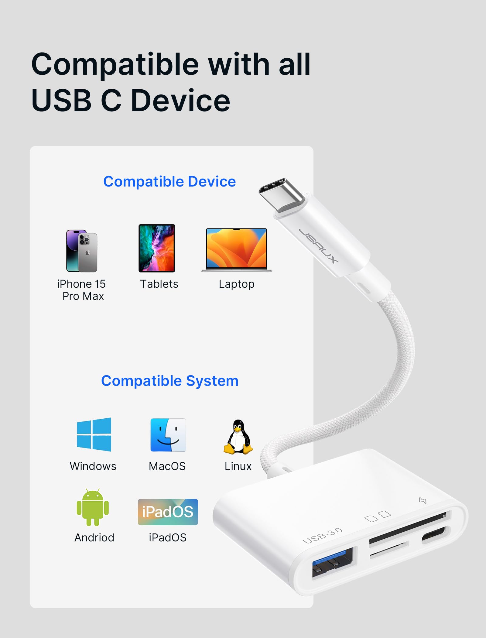 4-in-1 USB C SD Card Reader, JSAUX USB-C Micro SD Card Reader with (USB 3.0 & Charging) Port Compatible with iPhone 16/16 Plus/16 Pro/16 Pro Max, Android, Mac, Galaxy, iPad Pro, Camera -White